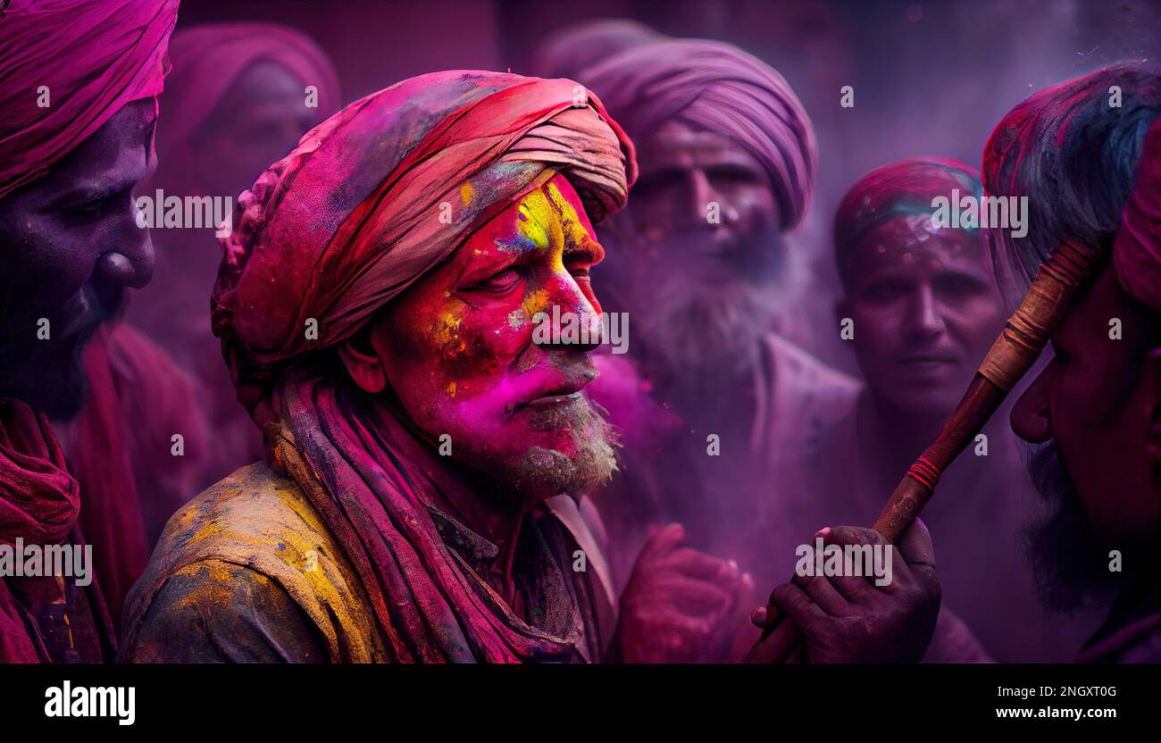 Colorful holi, crowd of people celebrating indian festival of colors ...