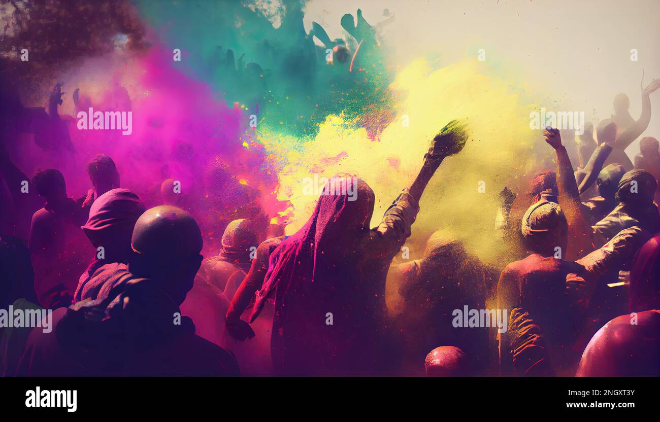 Colorful holi, crowd of people celebrating indian festival of colors ...