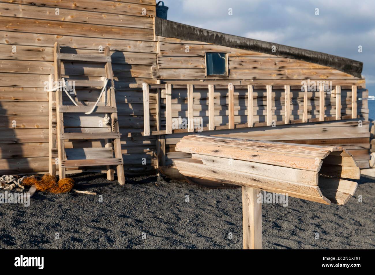 Antarctica, Ross Sea, Ross Island, Cape Evans. Exterior view of ...