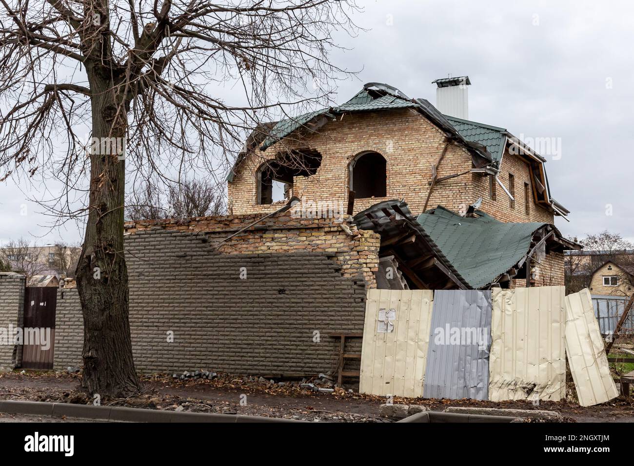 Bucha, Kyiv Oblast, Ukraine. 18th Feb, 2023. A bombarded house where ...