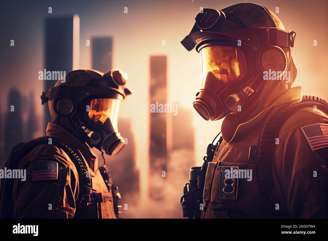 Two firefighter men with big city in background Stock Photo - Alamy