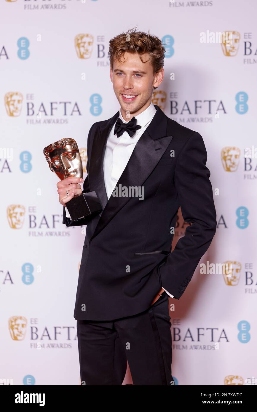 Austin Butler, winner of the leading actor award for 'Elvis', poses for ...