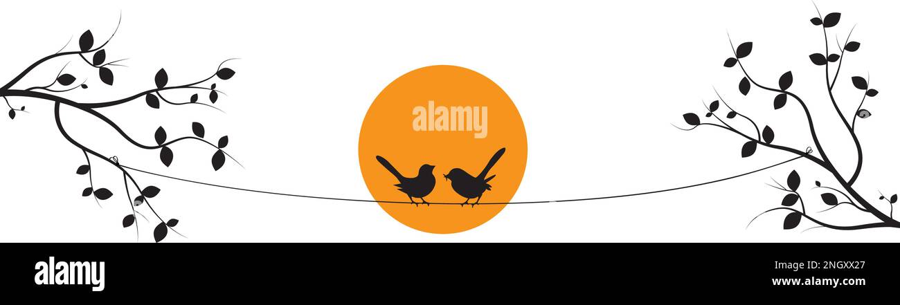 Birds couple on branch on sunset isolated on white background, vector ...