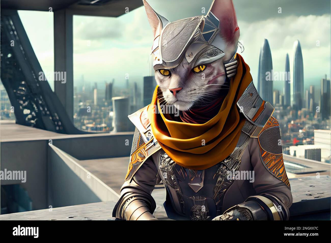 Modern female cat concept in futuristic city background, fantasy, green ...