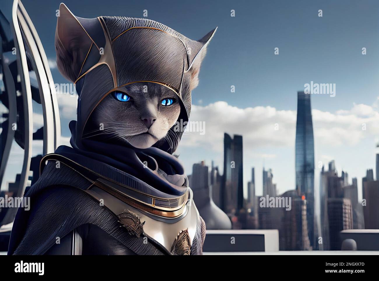 Modern female cat concept in futuristic city background, fantasy, green ...
