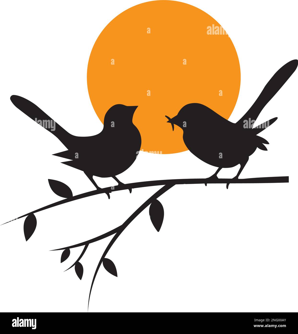 Birds couple on branch on sunset isolated on white background, vector ...