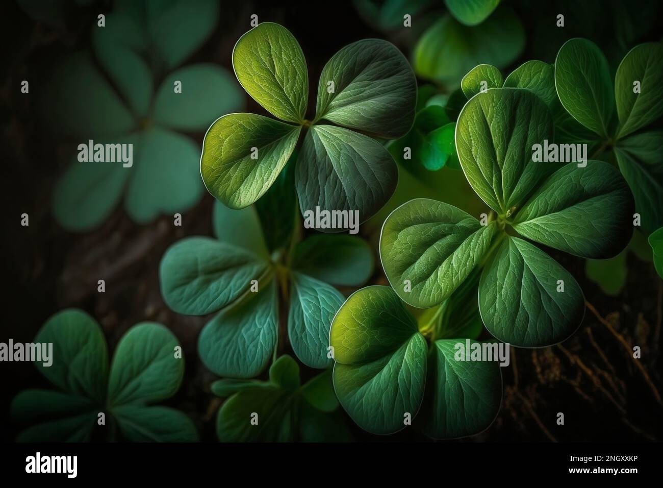 Background of beautiful green four-leaf clovers in a magnificent garden ...
