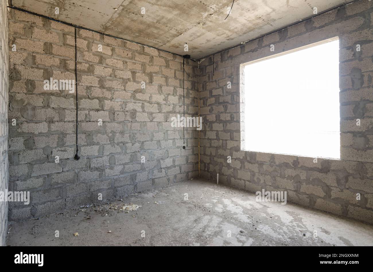 Construction of an individual residential building, view of two walls ...