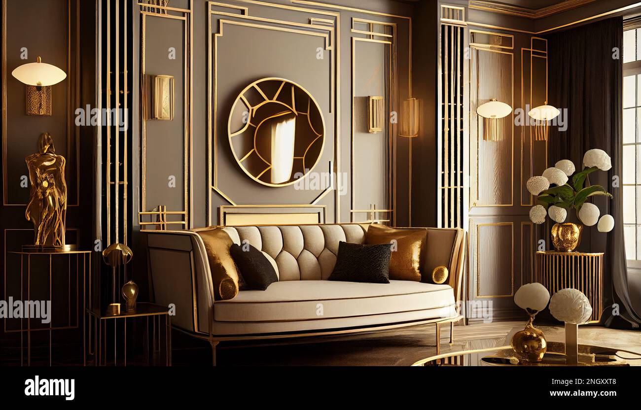 Interior of luxury home, art deco modern trendy living room ...