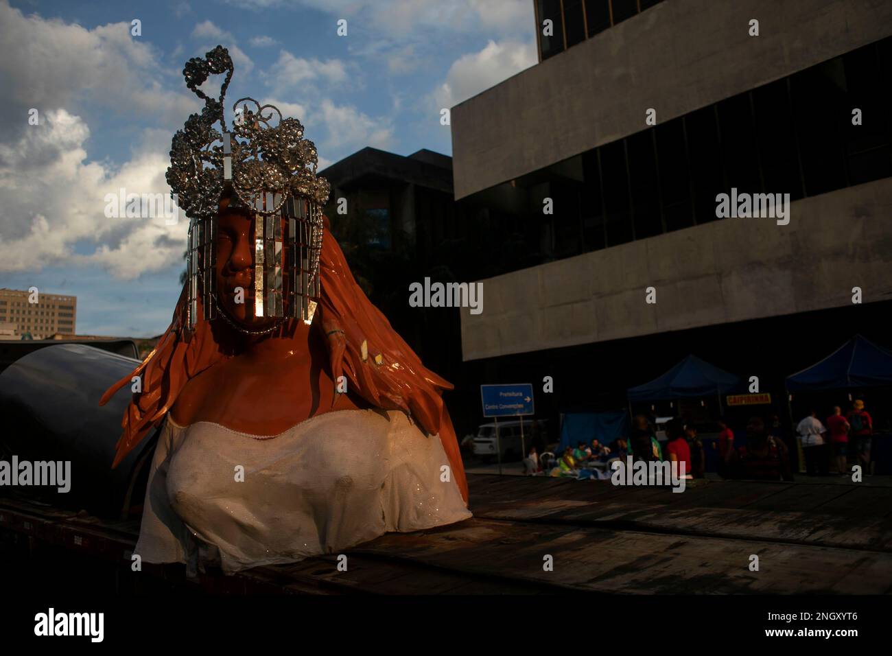 A detail of a float is seen on the street before the start of the ...
