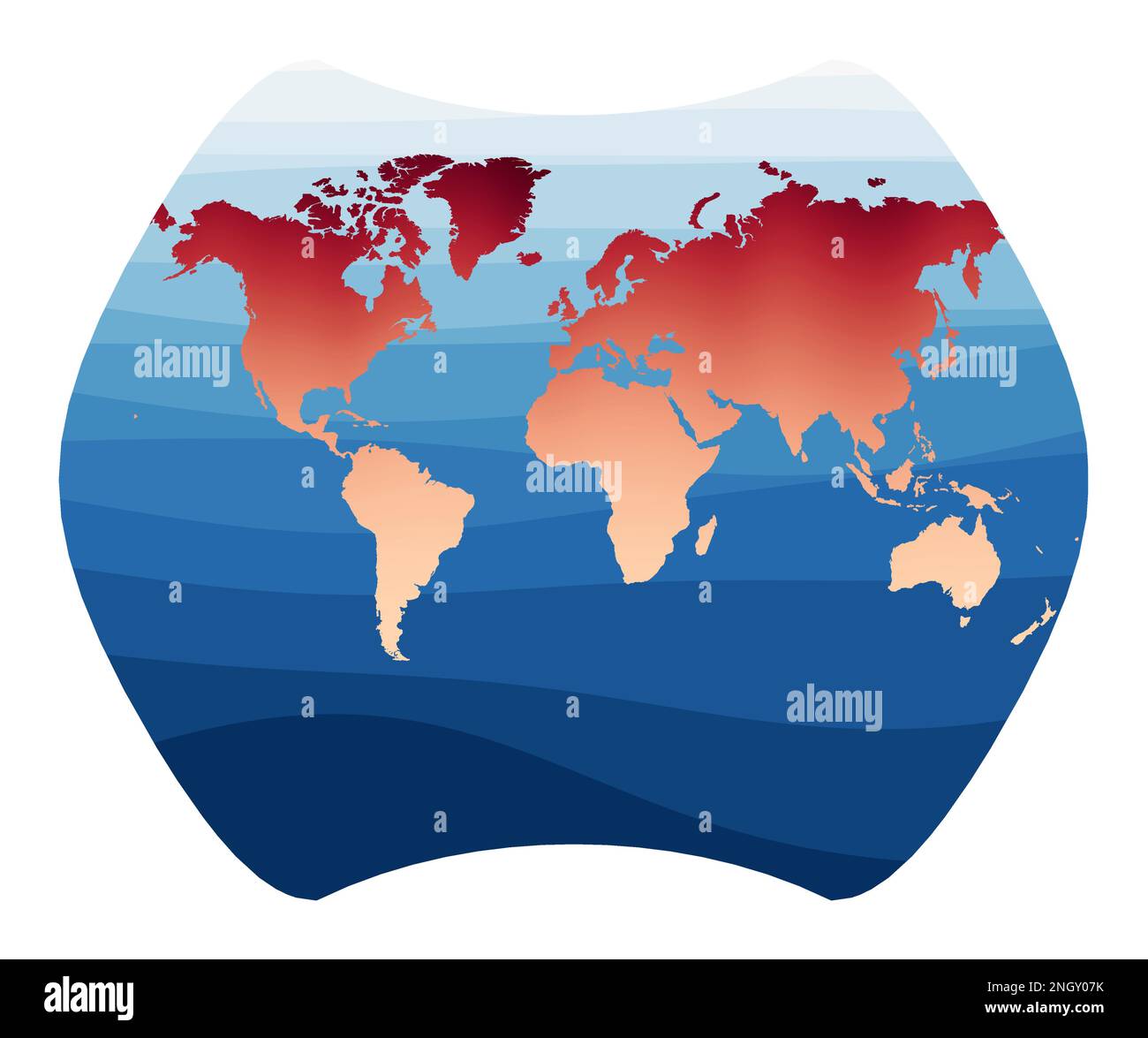 World Map Vector. Larrivee projection. World in red-orange gradient on deep blue ocean waves ...