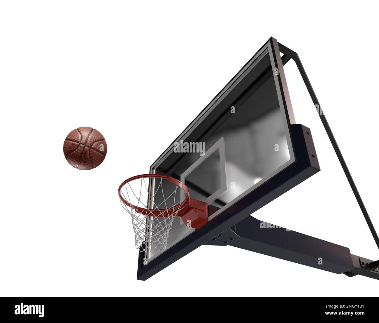 Basketball scene of a orange ball that is entering the basket. 3d ...