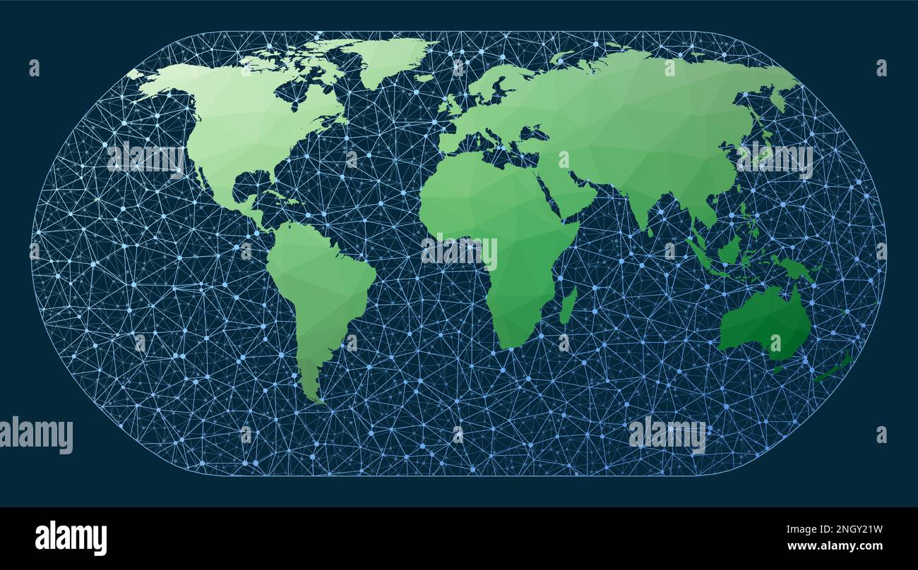 World map connection. Natural Earth 1 projection. Green low poly world ...