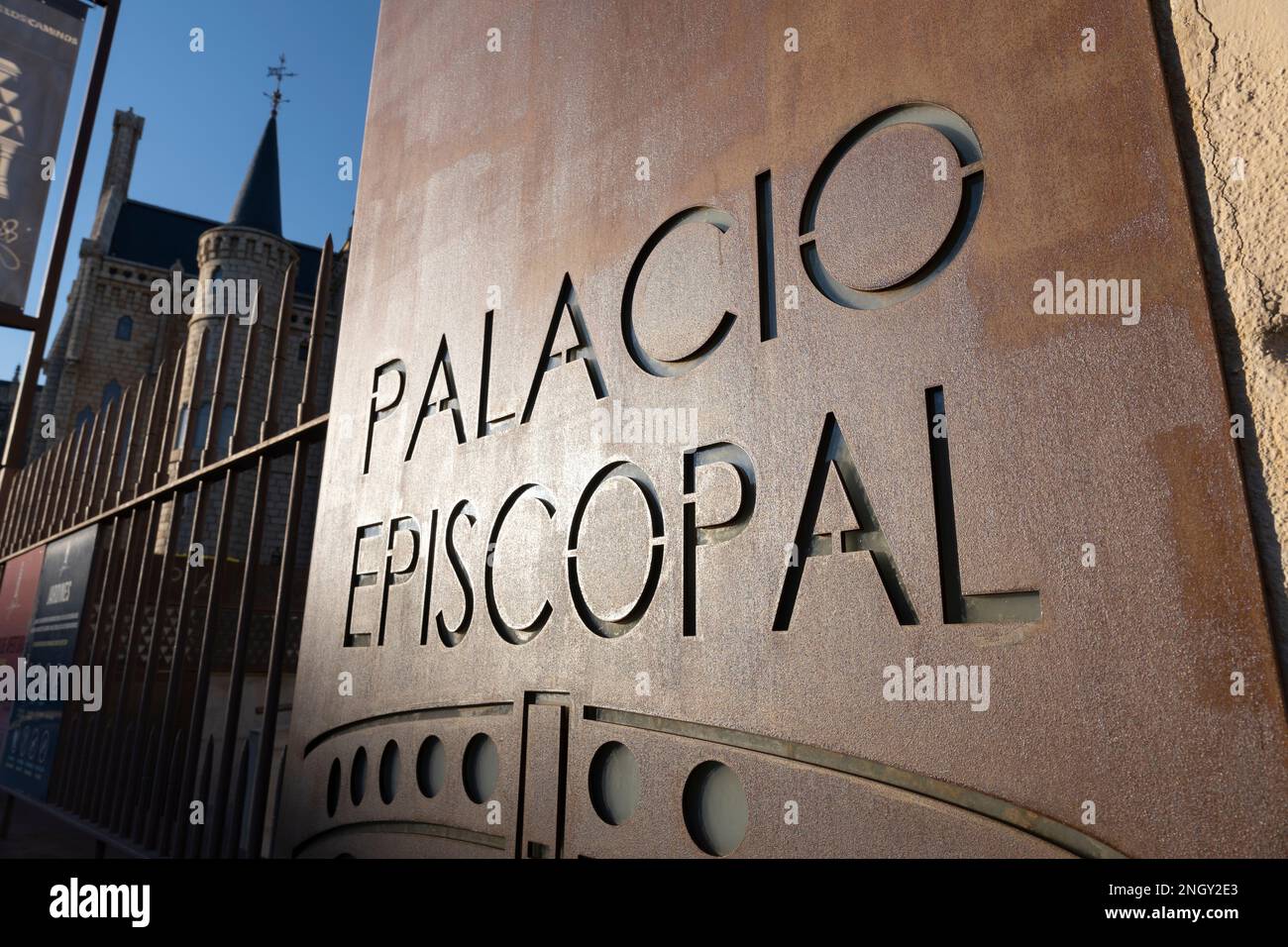 A sign marks the entrance to the Episcopal Palace in Astorga, Leon ...