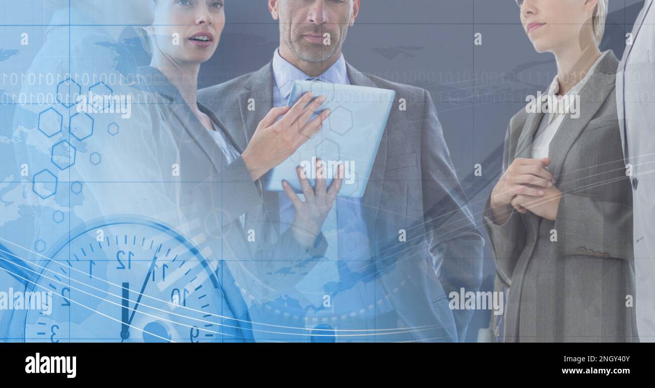 Composition of happy diverse business team in meeting over interface ...