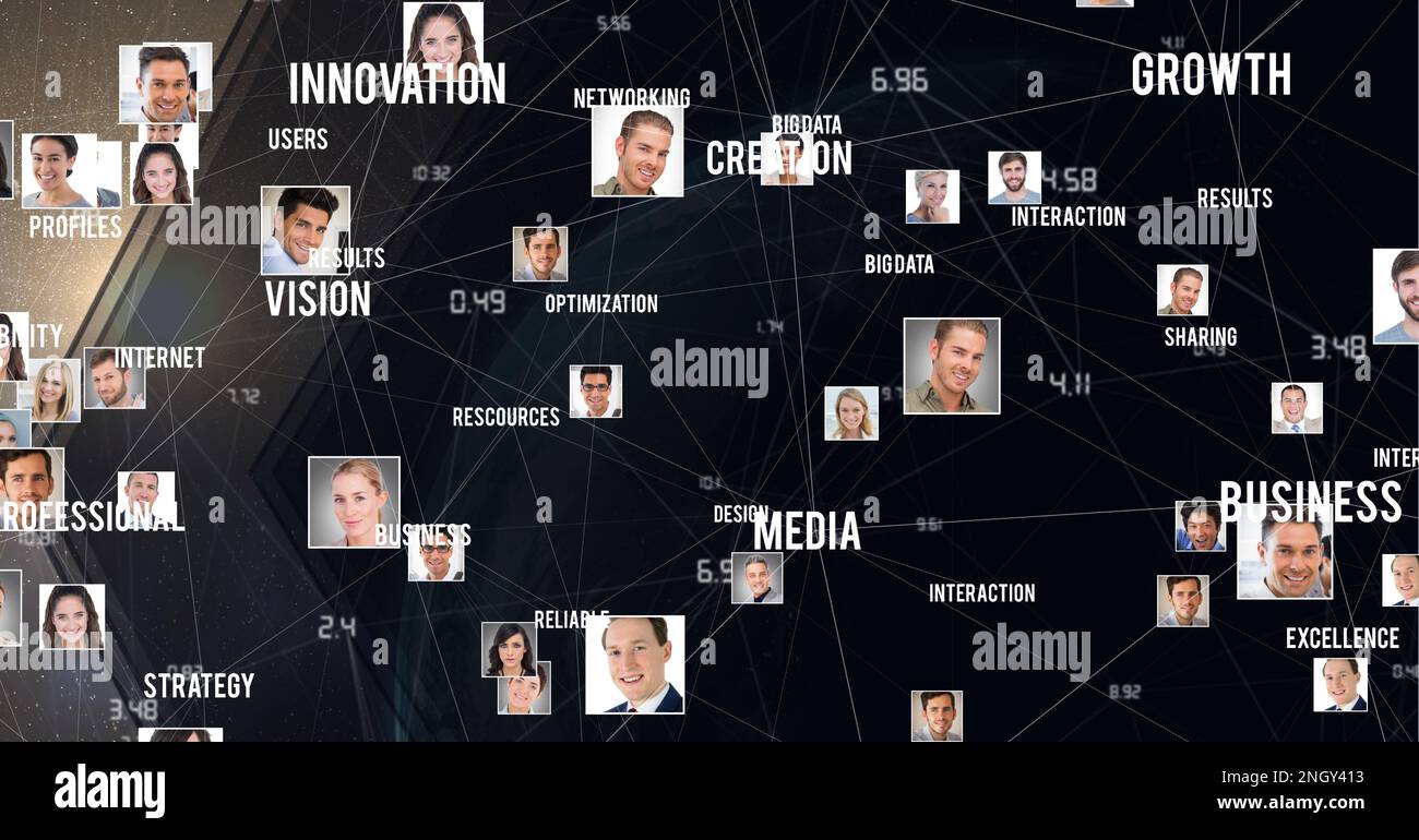 Composition of people's photographs, business text with network of ...