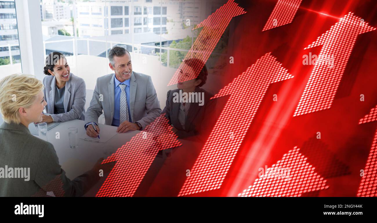 Composition of happy diverse business team in meeting over interface ...