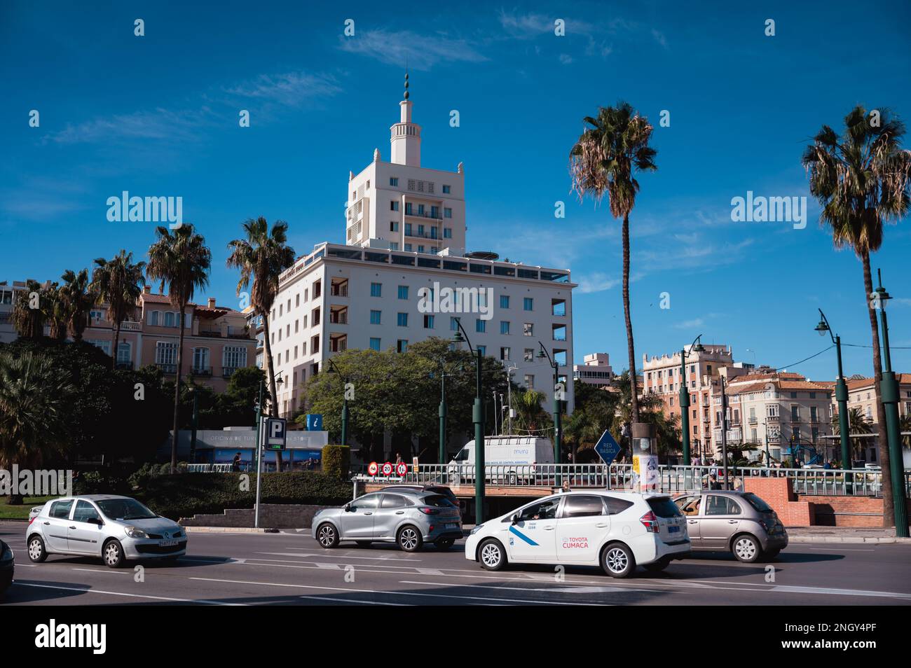 Malaga, Spain - January 16, 2023: Amidst traffic, Malaga's modernist ...