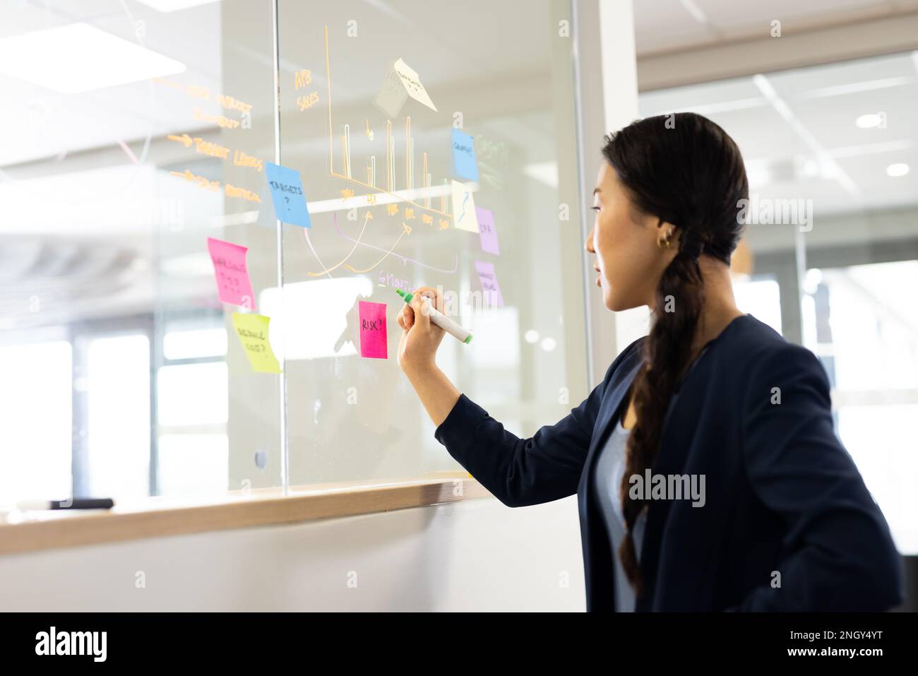 Asian woman brainstorming and writing on glass board in office Stock ...