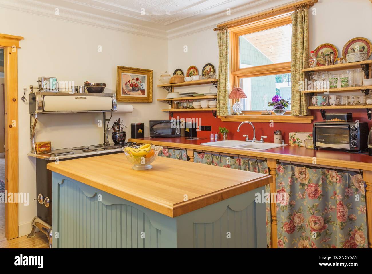 Elmira antique electric cooking stove, painted turquoise pinewood and ...