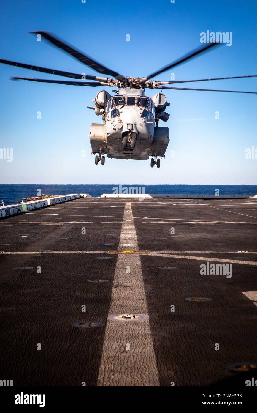 A Sikorsky CH-53K King Stallion helicopter lands aboard the San Antonio ...