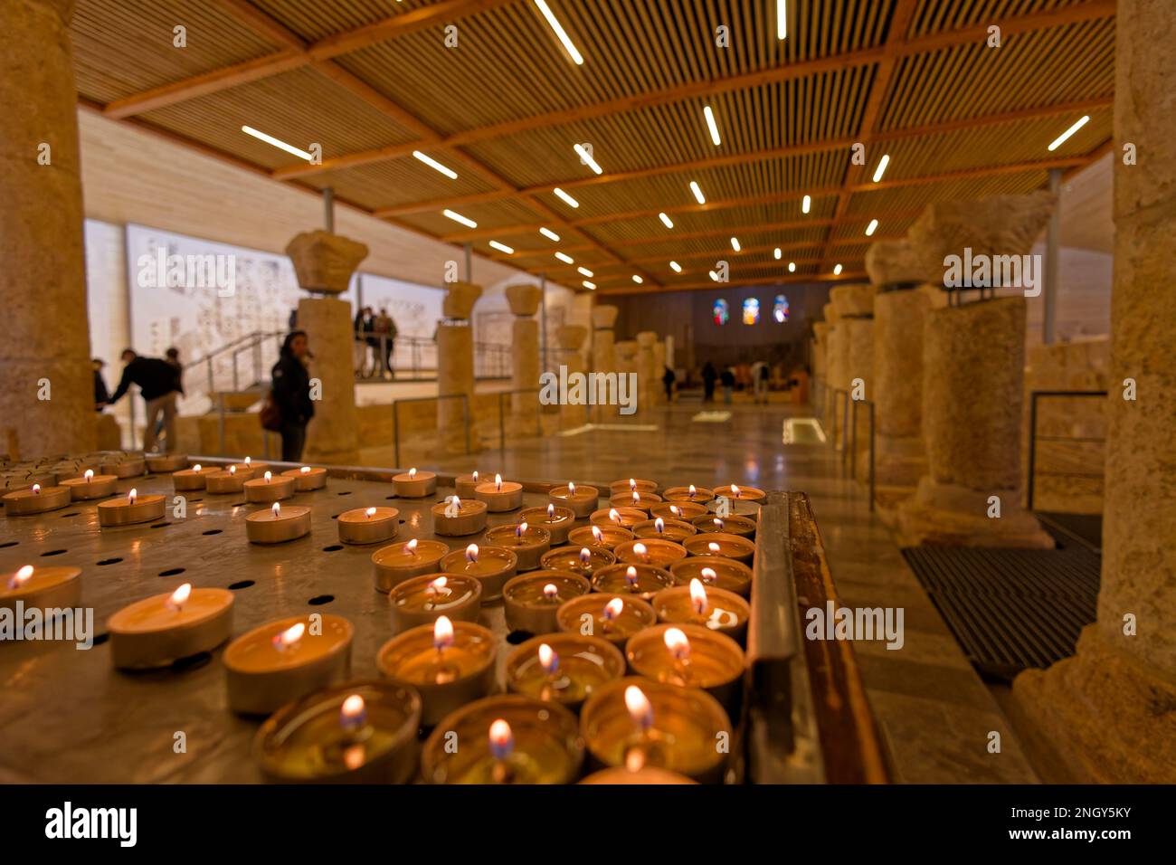 Prayer candles inside the Memorial Church of Moses atop the Mount Nebo ...