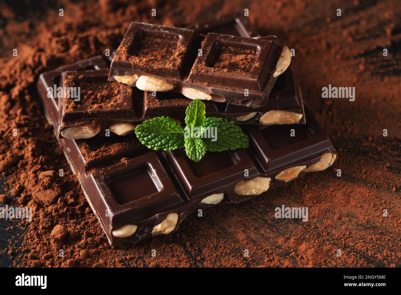 Dark and milk chocolate with nuts on a dark background sprinkled with ...