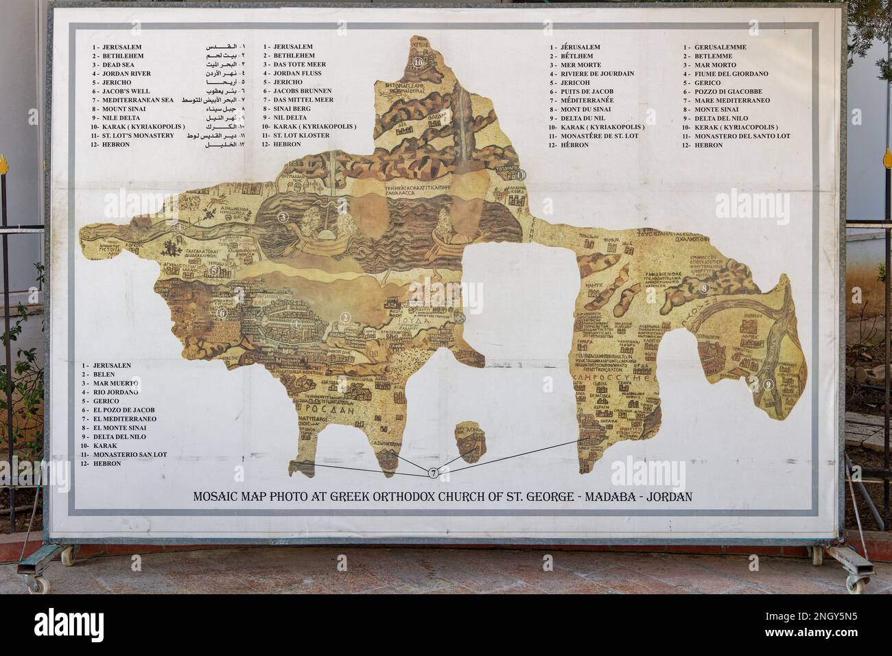 A board shows the mosaic map of the Holy Land outside the Greek ...