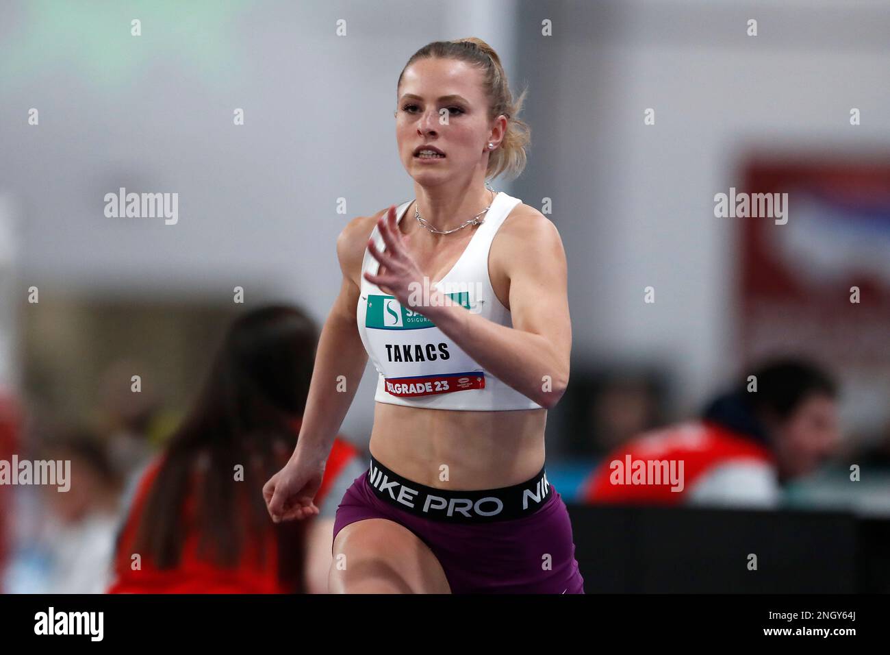 Belgrade, Serbia, 15 February 2023. Boglarka Takacs of Hungary competes ...