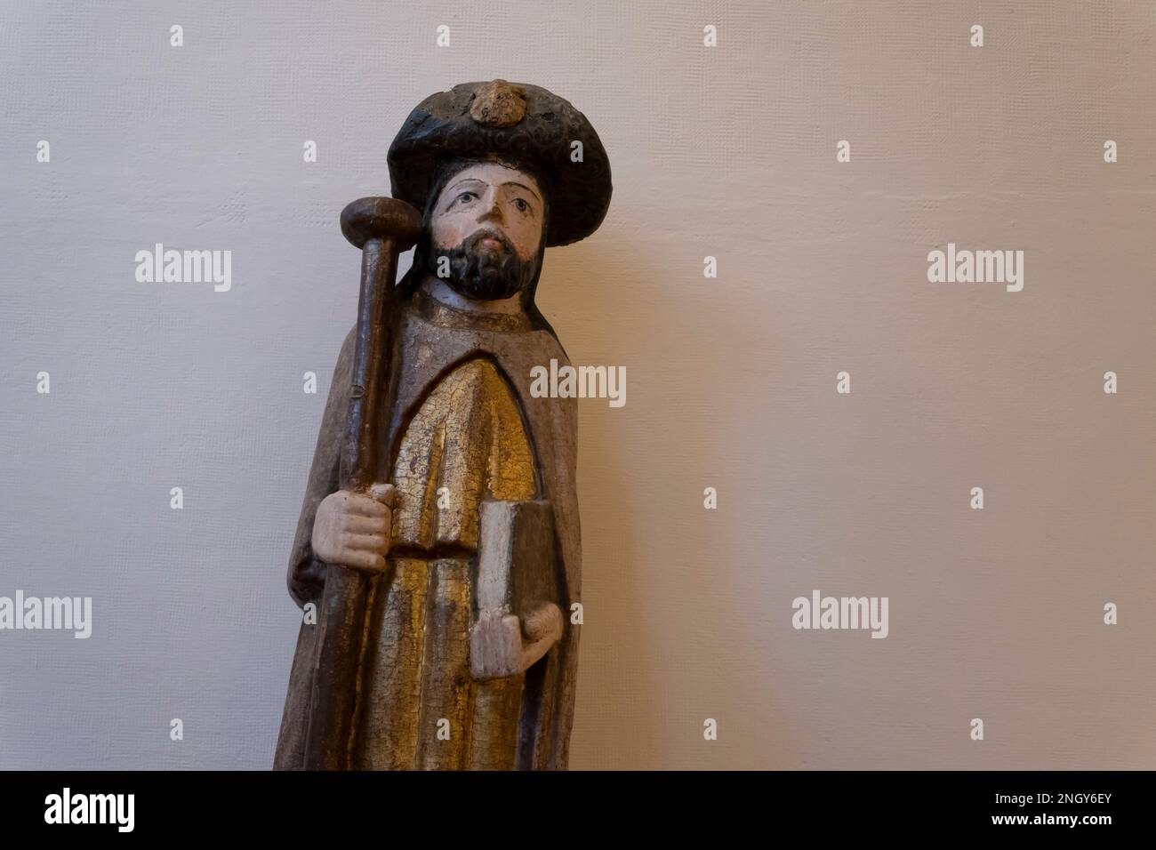Polychrome figure of Saint James as a pilgrim (Santiago Peregrino) on ...