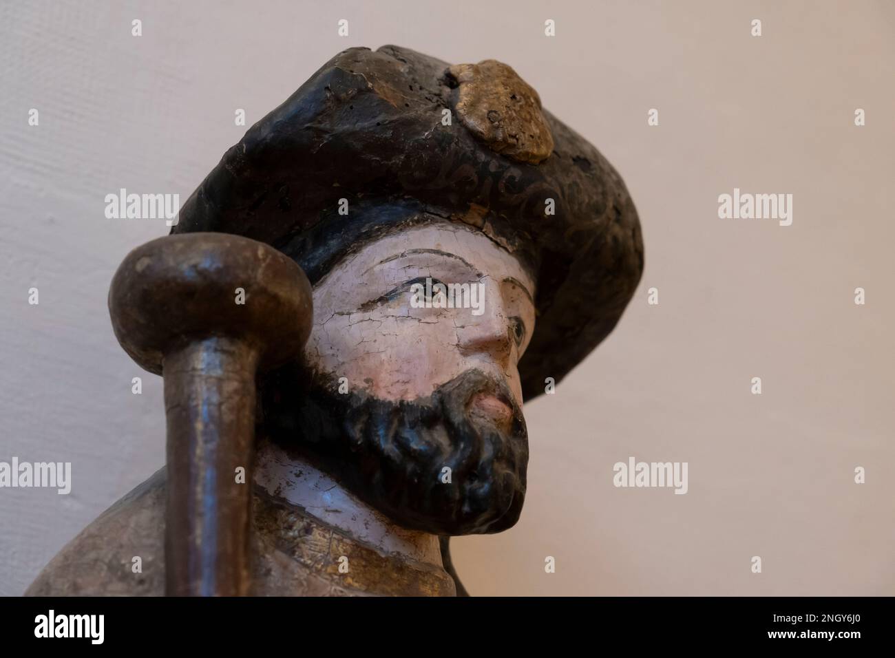 Polychrome figure of Saint James as a pilgrim (Santiago Peregrino) on ...