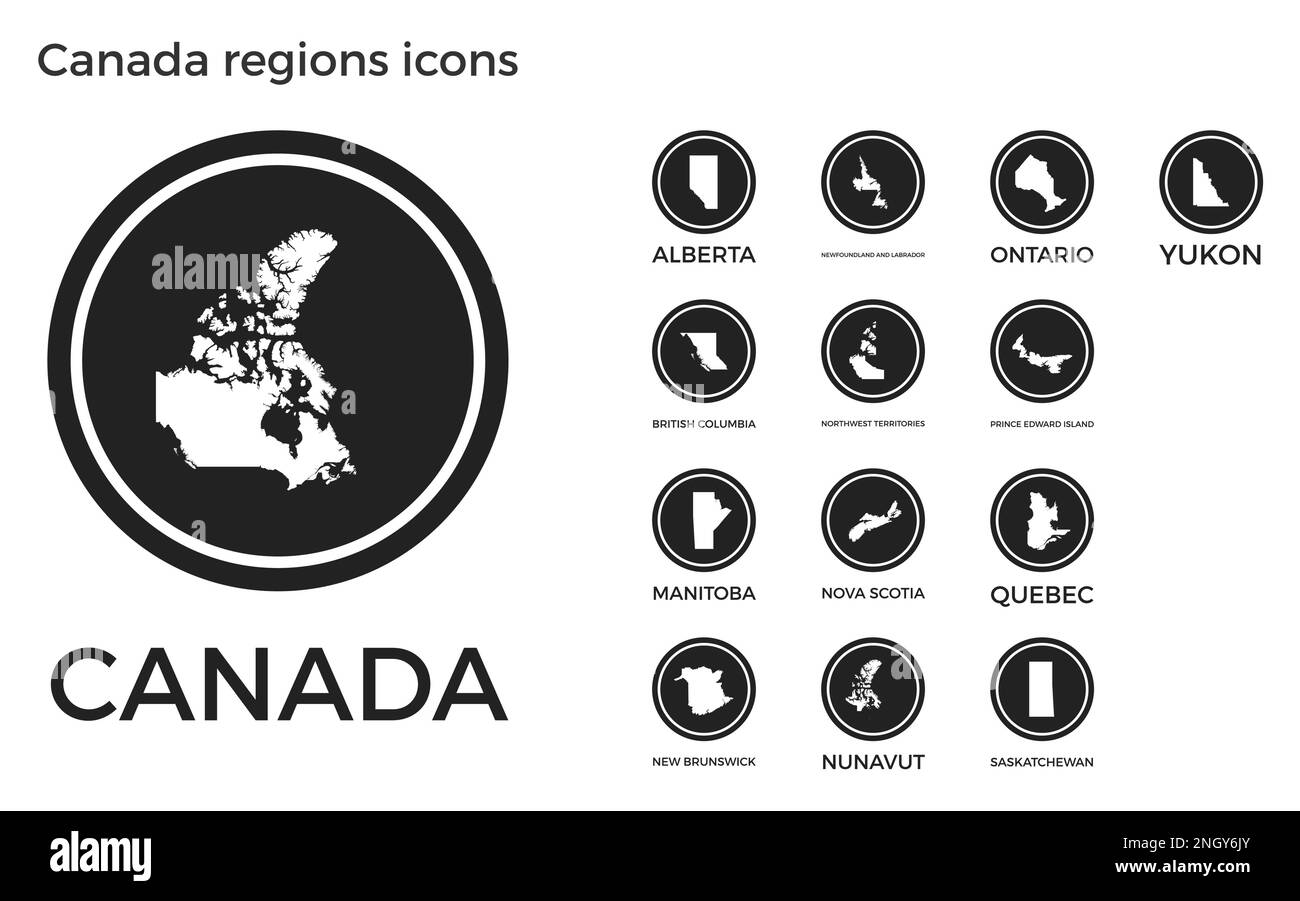 Canada regions icons. Black round logos with country regions maps and ...