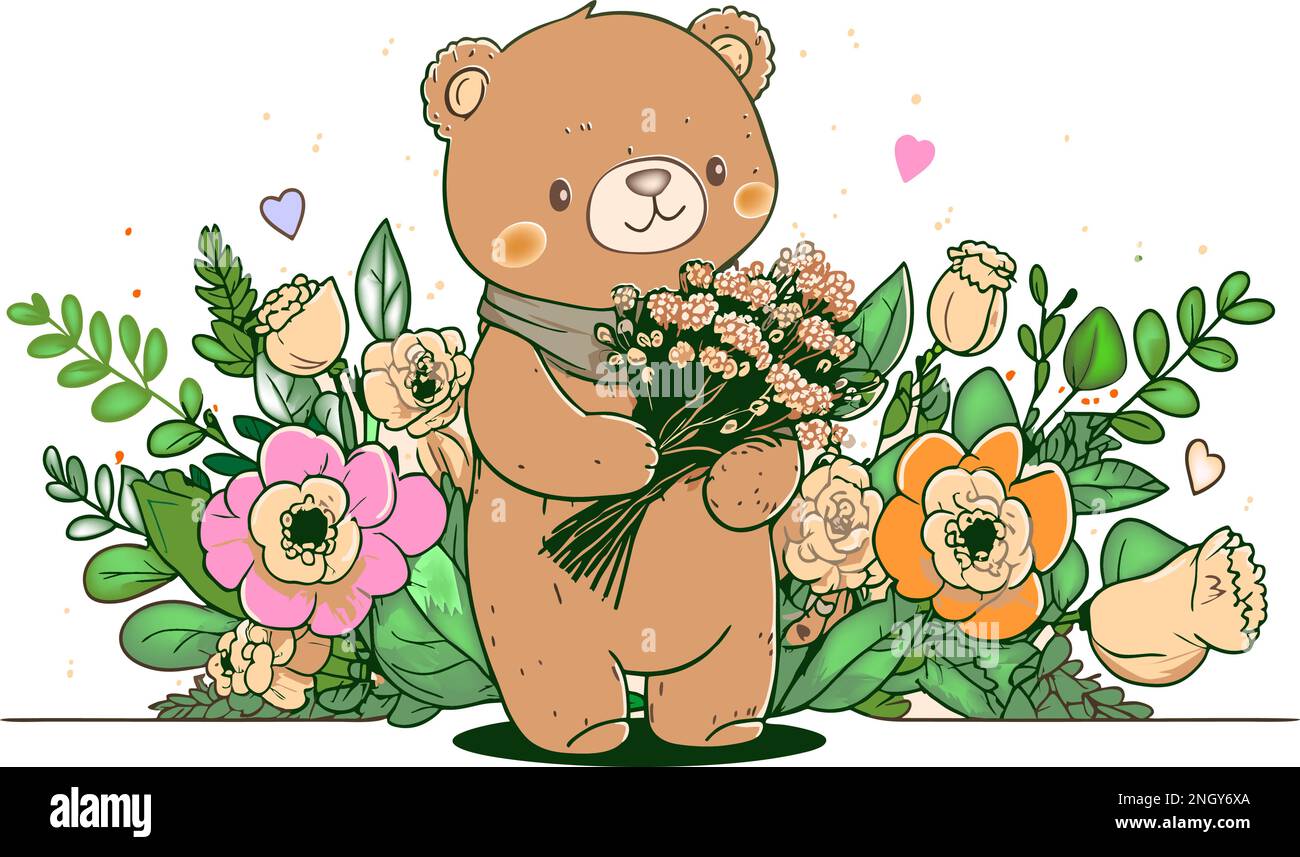 drawing Little bear with a bouquet of flowers Stock Vector Image & Art ...