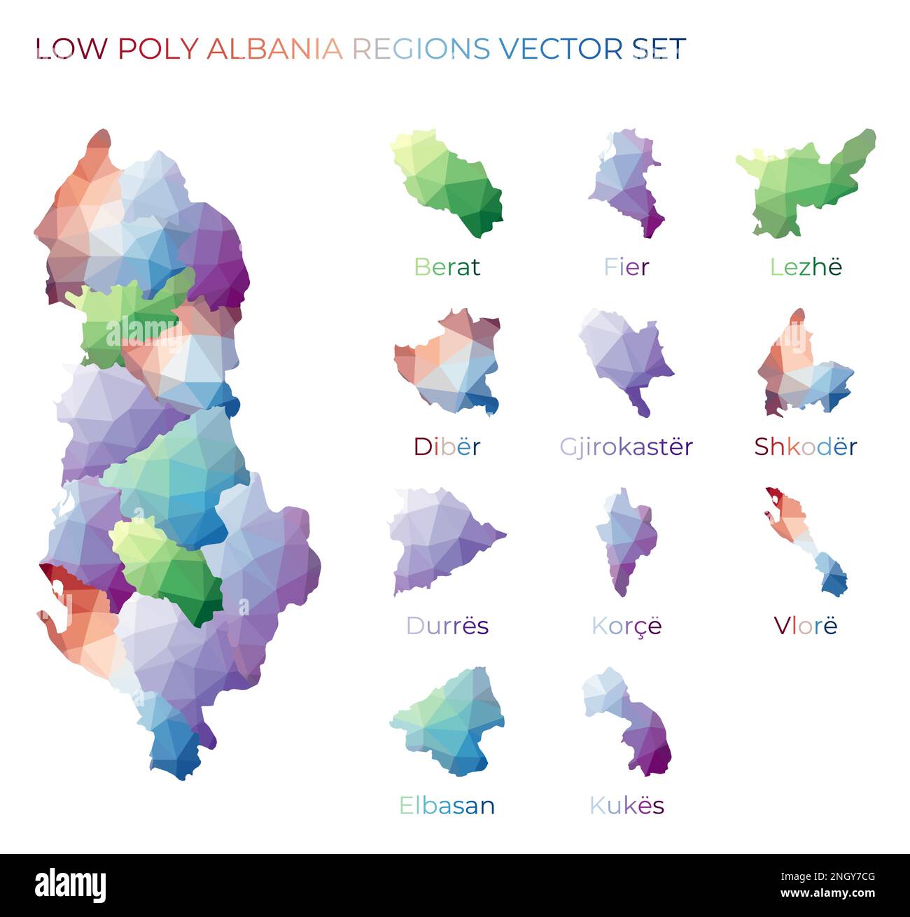 Albanian low poly regions. Polygonal map of Albania with regions. Geometric maps for your design ...