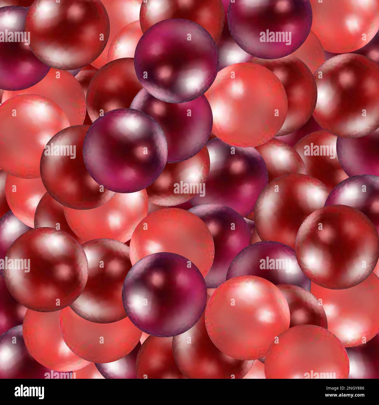 Red pearls of different sizes are scattered on a white background at ...