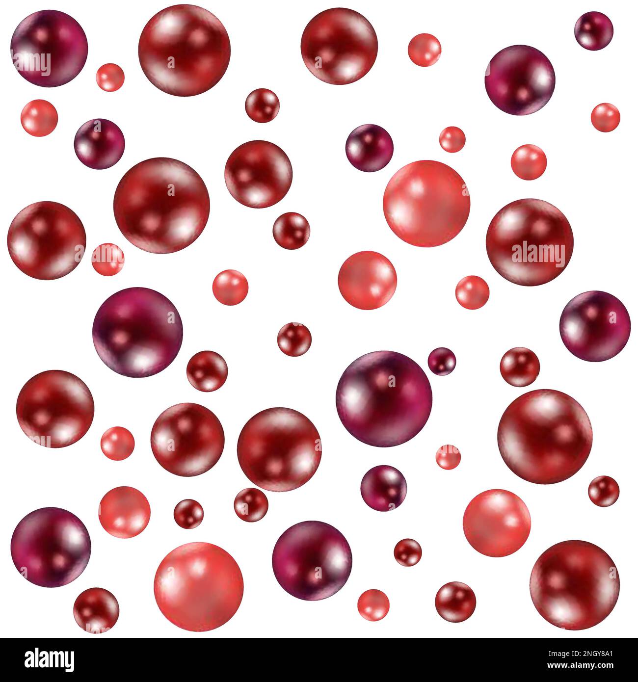 Red pearls of different sizes are scattered on a white background at ...