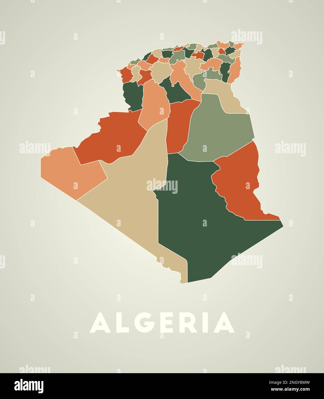 Algeria poster in retro style. Map of the country with regions in ...