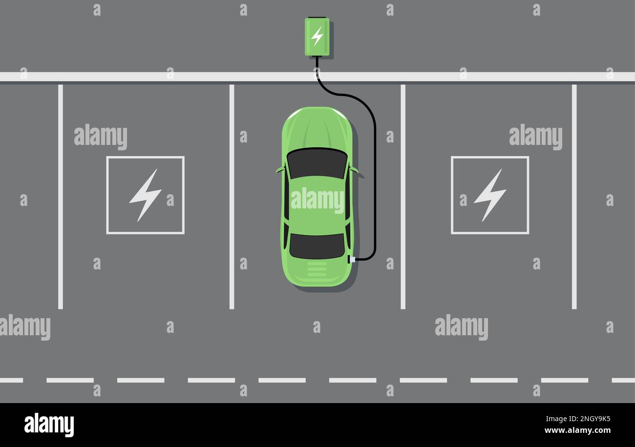 Electric car charger top view. Battery hybrid car parking recharge ...