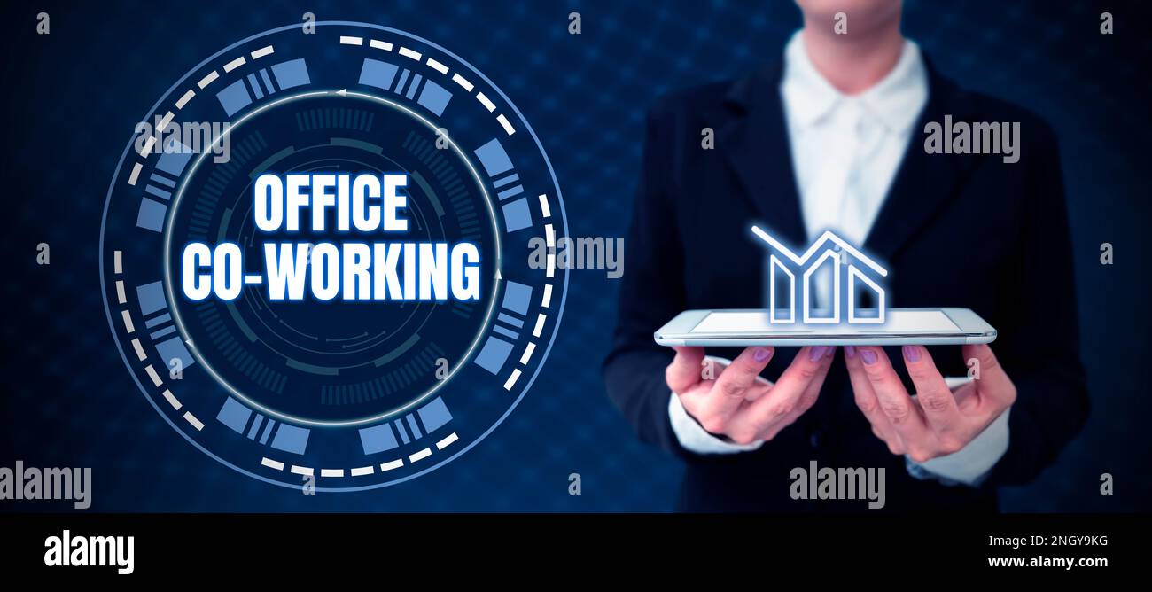 Hand writing sign Office Co Working. Word Written on Business services ...