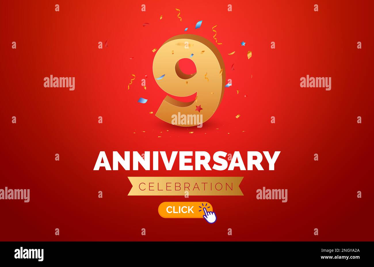 Anniversary birthday 9 years golden background. Happy vector poster 9 anniversary confetti ...
