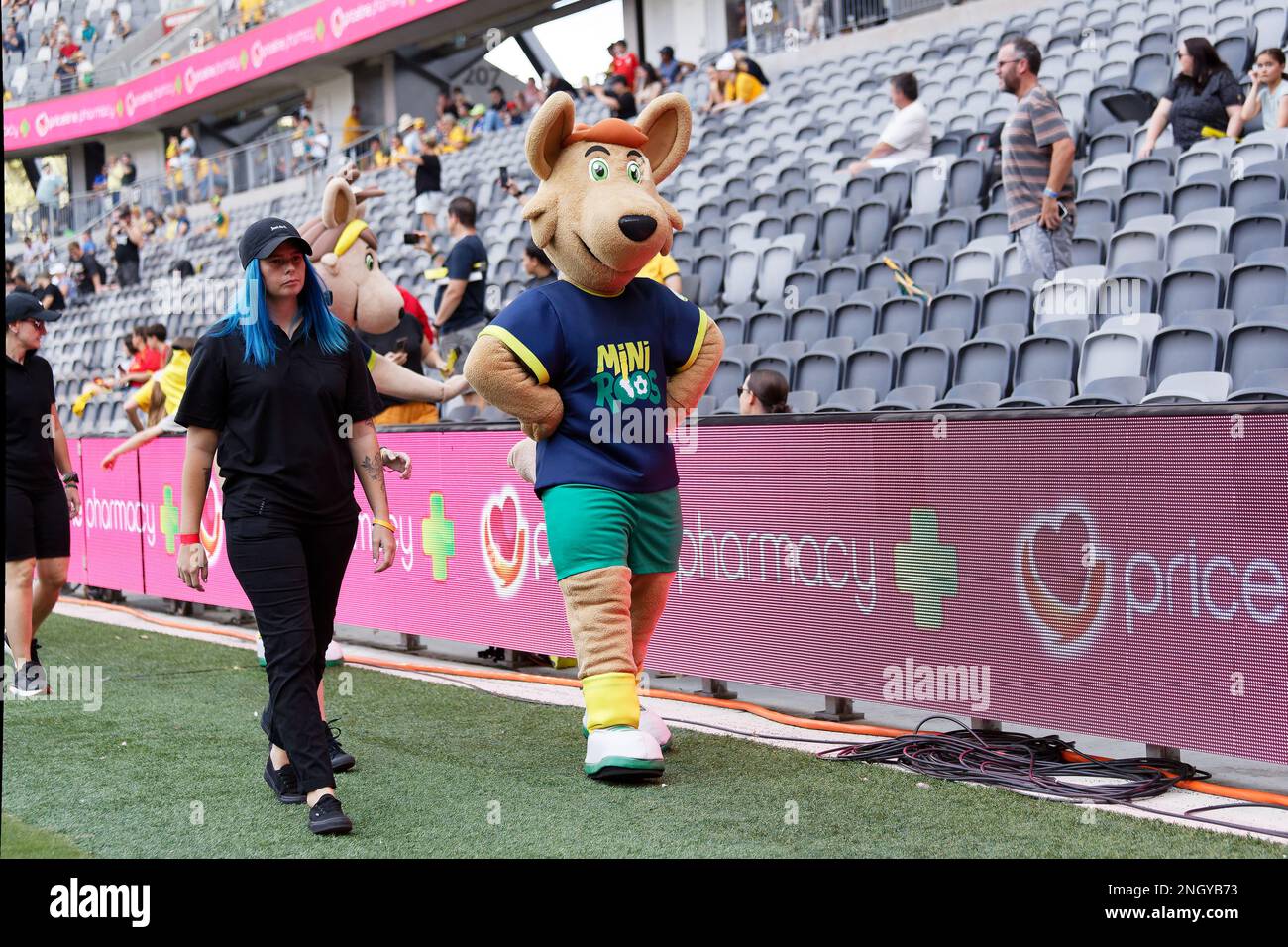 The Mini Roos mascot greeting young fans before the 2023 Cup of Nations ...