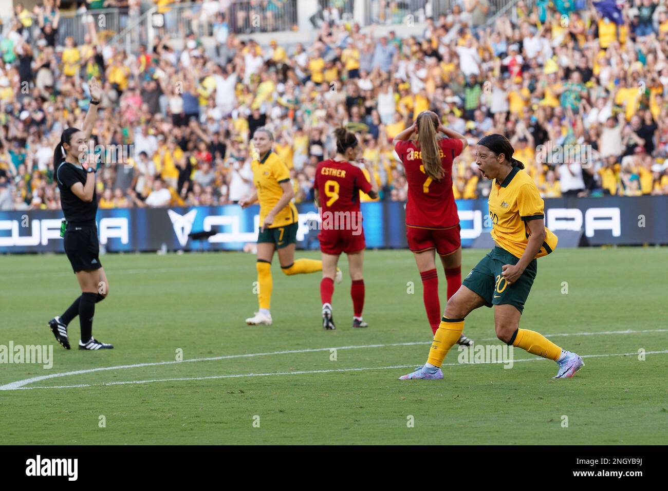 Sam Kerr of Australia celebrates a goal that was later ruled offside ...