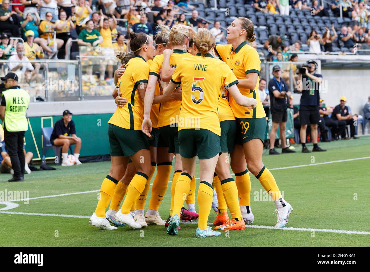 Australian players celebrate a goal during the 2023 Cup of Nations ...
