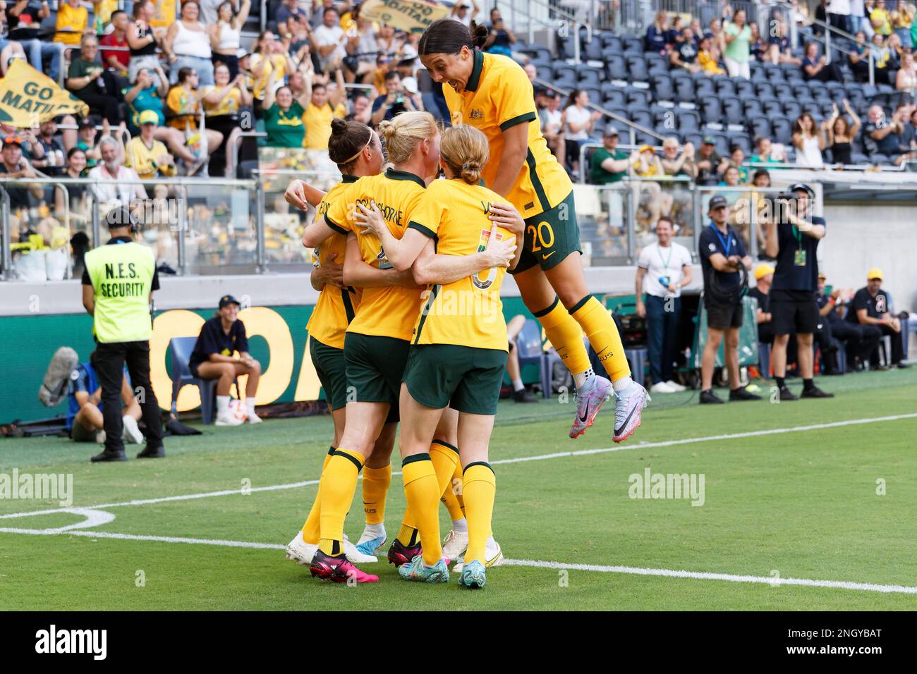 Australian players celebrate a goal during the 2023 Cup of Nations ...