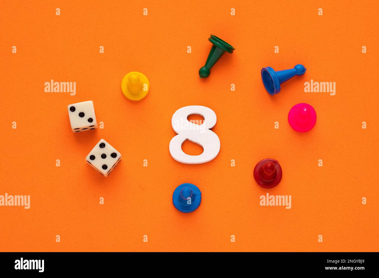 Number 8 with dice and board game pieces - Orange eva rubber background ...