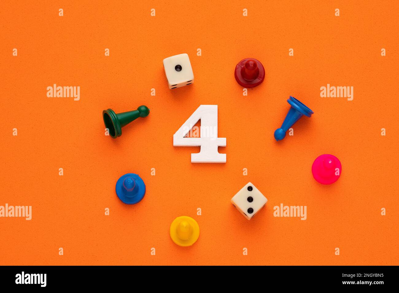 Number 4 with dice and board game pieces - Orange eva rubber background ...