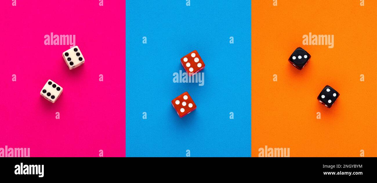 Three pairs of dice for board game - Rhodamine red, blue and orange eva ...