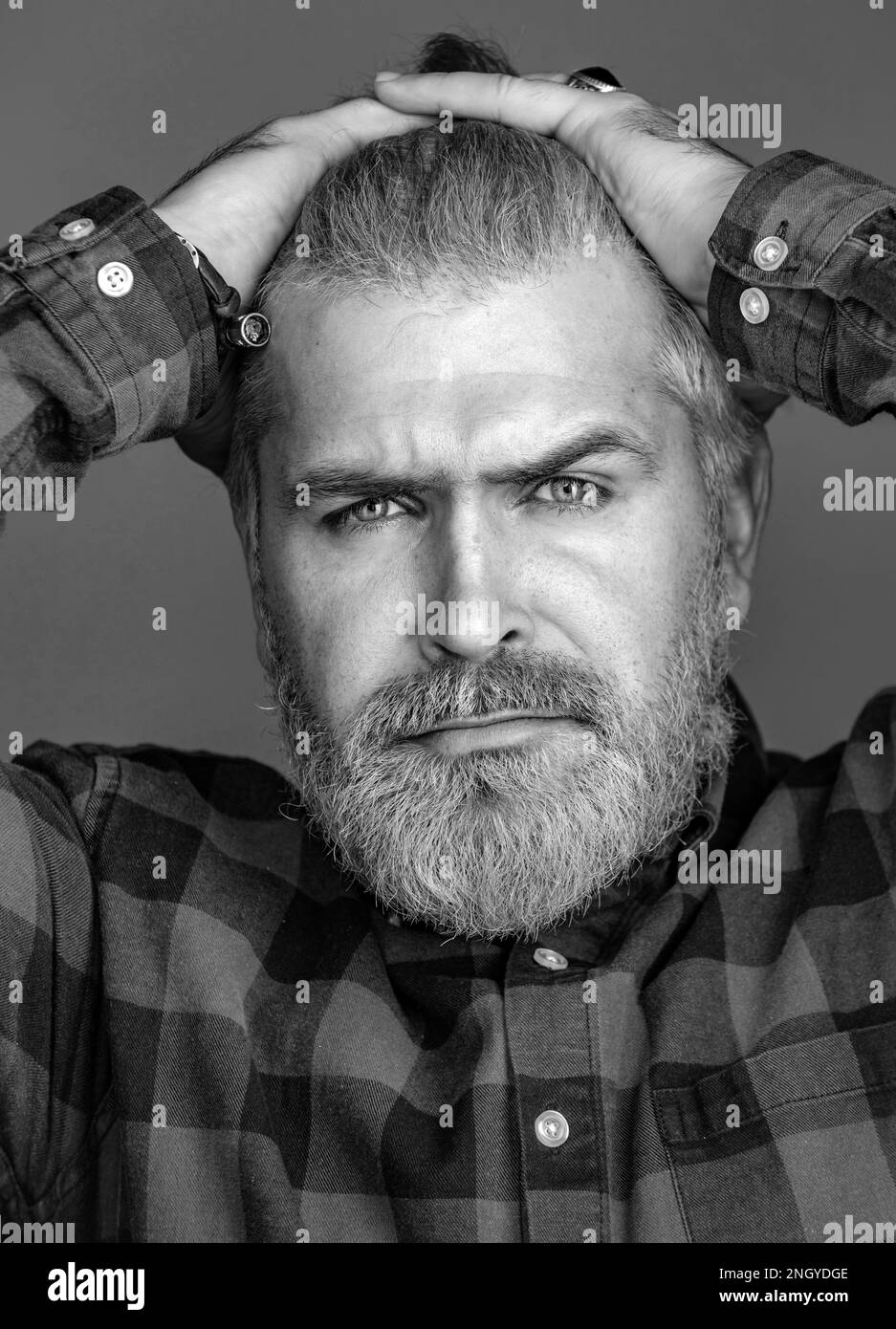 Portrait of self confident man. Handsome hipster man with beard looking ...