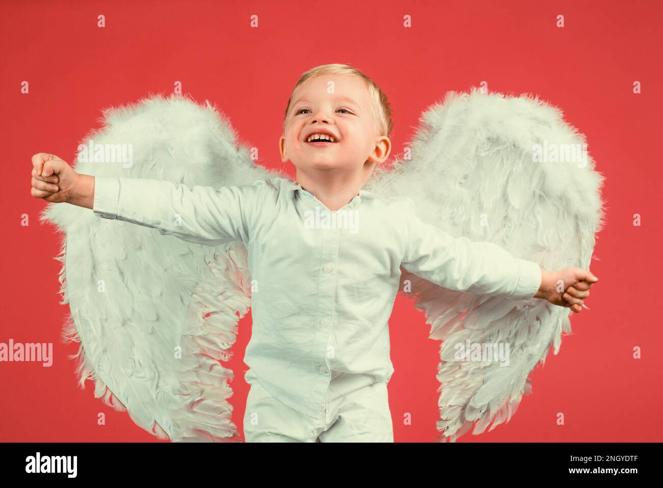 Excited angel little boy with white wings. Happy angelic children boy ...