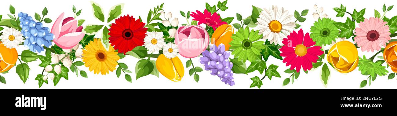 Horizontal seamless border with colorful spring flowers (gerbera, tulip ...